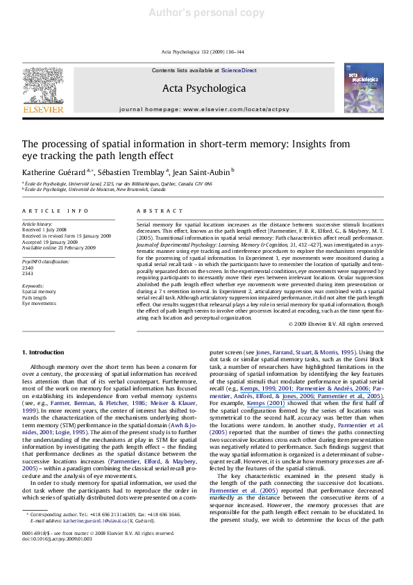 Pdf The Processing Of Spatial Information In Short Term Memory