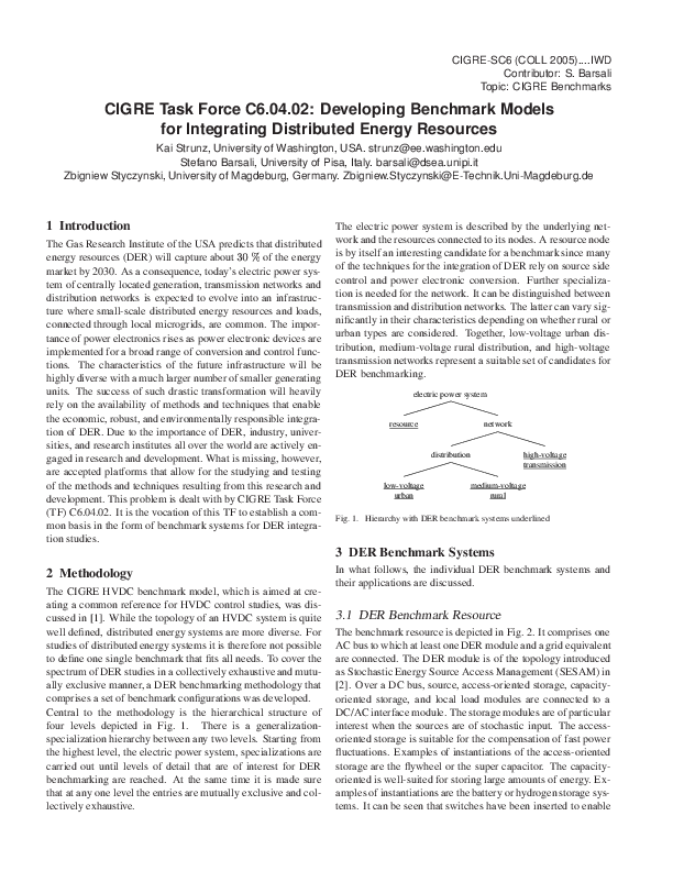 (PDF) CIGRE Task Force C6. 04.02: Developing Benchmark Models for Integrating Distributed Energy ...
