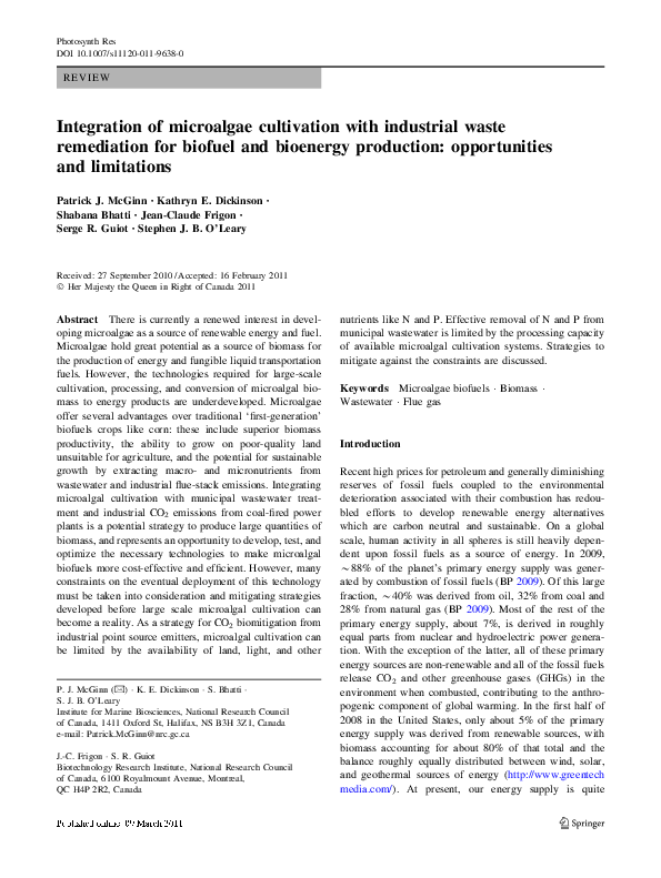 (PDF) Integration of microalgae cultivation with industrial waste remediation for biofuel and ...