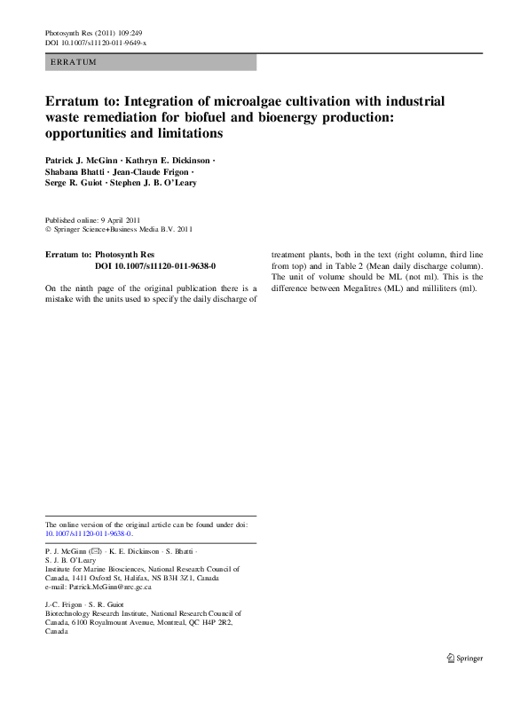 (PDF) Erratum to: Integration of microalgae cultivation with industrial waste remediation for ...