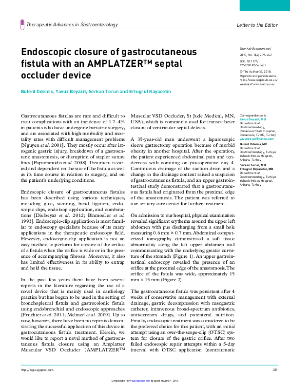 (PDF) Endoscopic closure of gastrocutaneous fistula with an AMPLATZERTM septal occluder device