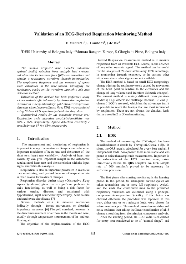 Pdf Validation Of An Ecg Derived Respiration Monitoring Method