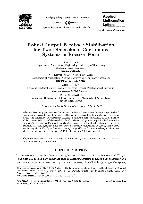 (PDF) Robust output feedback stabilization for two-dimensional continuous systems in roesser form