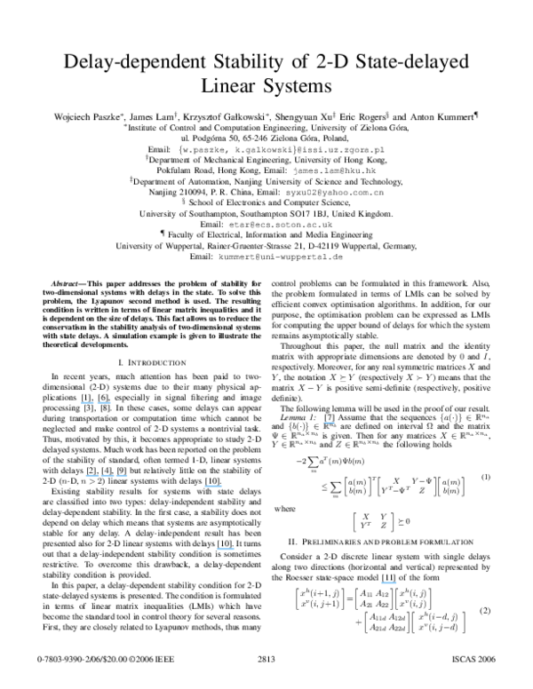 (PDF) Delay-dependent stability of 2D state-delayed linear systems