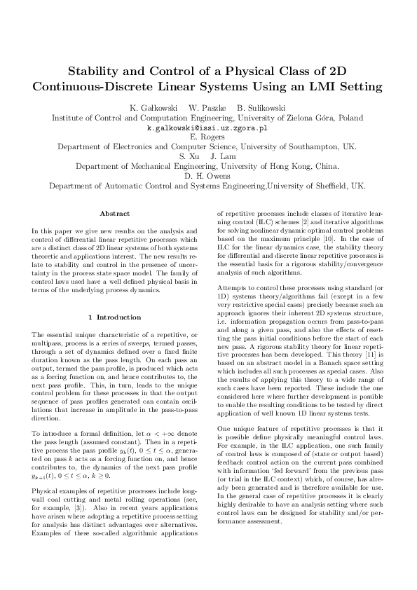 (PDF) Stability and control of a physical class of 2D continuous-discrete linear systems using ...