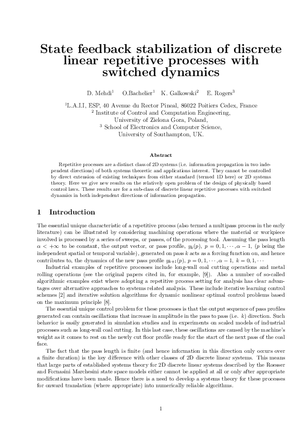 (PDF) State Feedback Stabilization of Discrete Linear Repetitive Processes with Switched Dynamics