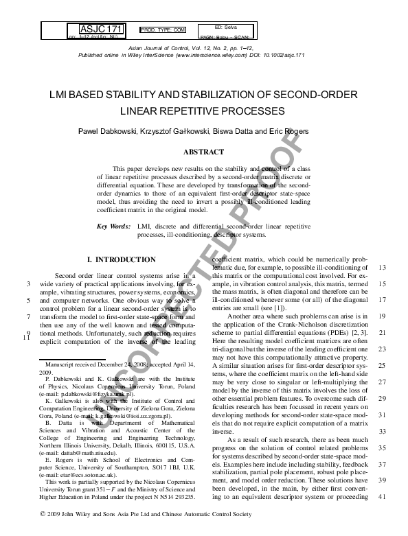 (PDF) LMI based stability and stabilization of second-order linear repetitive processes