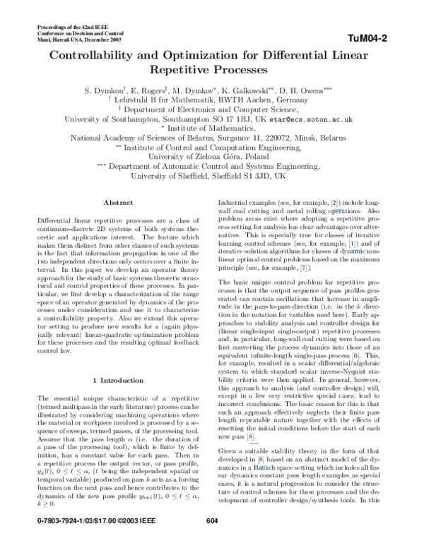 (PDF) Controllability and optimization for differential linear repetitive processes