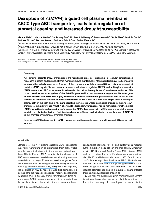 (PDF) Disruption of AtMRP4 , a guard cell plasma membrane ABCC-type ABC ...