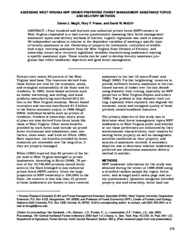 (PDF) Assessing West Virginia NIPF owner preferred forest management ...