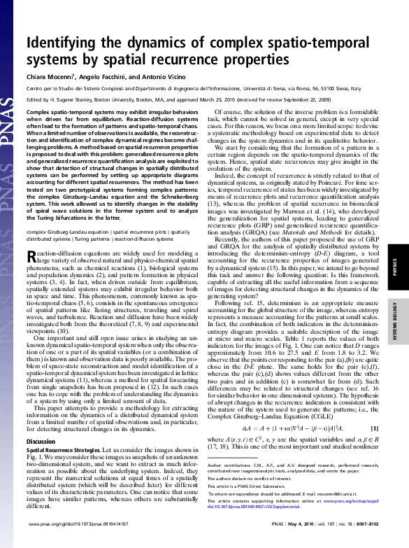 Pdf Identifying The Dynamics Of Complex Spatio Temporal Systems By Spatial Recurrence Properties
