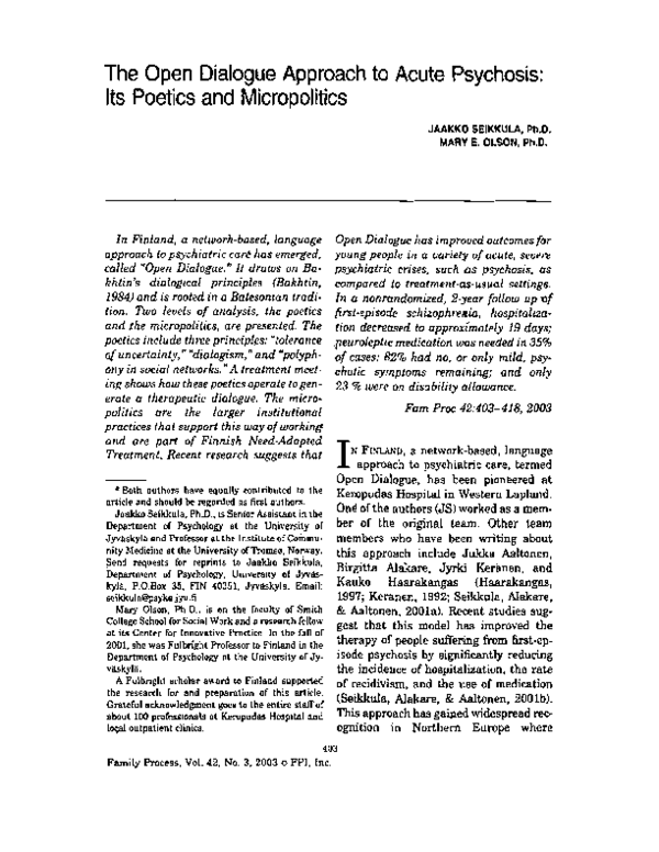 (PDF) The Open Dialogue Approach to Acute Psychosis: Its Poetics and ...