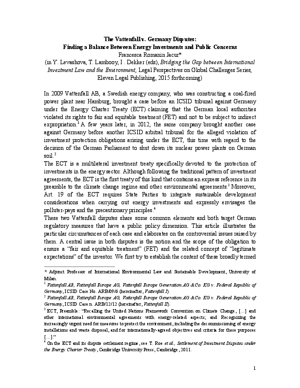 (PDF) The Vattenfall v. Germany Disputes: Finding a Balance Between ...