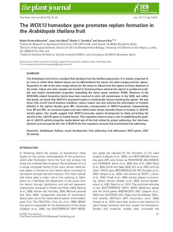 (PDF) The WOX13 homeobox gene promotes replum formation in the ...