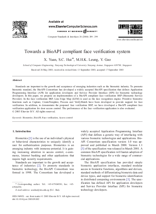 (PDF) Towards a BioAPI compliant face verification system | Maylor ...