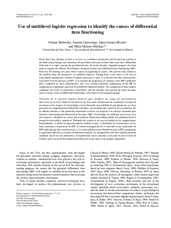 Pdf Use Of Multilevel Logistic Regression To Identify The Causes Of Differential Item Functioning