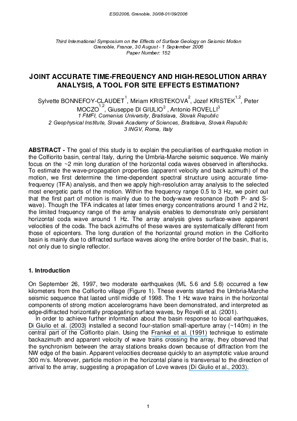 (PDF) JOINT ACCURATE TIME-FREQUENCY AND HIGH-RESOLUTION ARRAY ANALYSIS, A TOOL FOR SITE EFFECTS ...