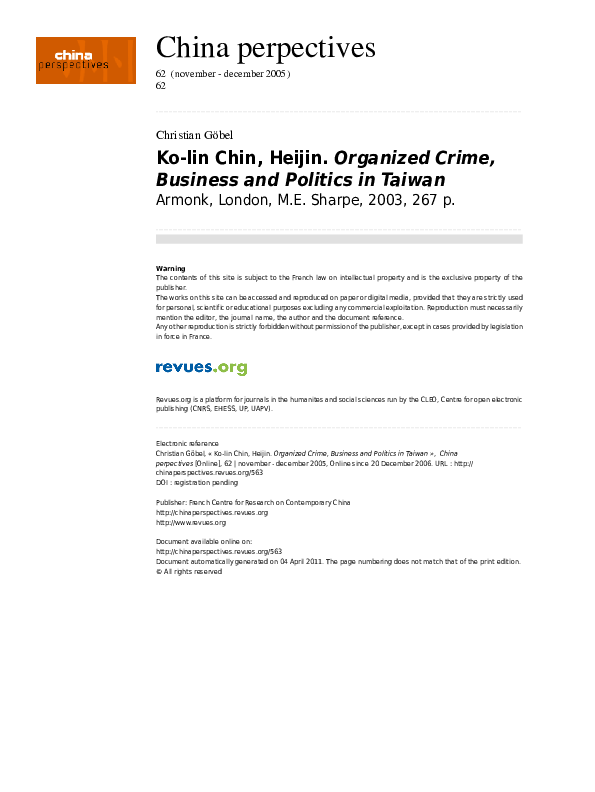 (PDF) Ko-lin Chin, Heijin. Organized Crime, Business and Politics in Taiwan