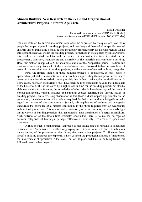 (PDF) 'Minoan Builders. New Research on the Scale and Organisation of ...