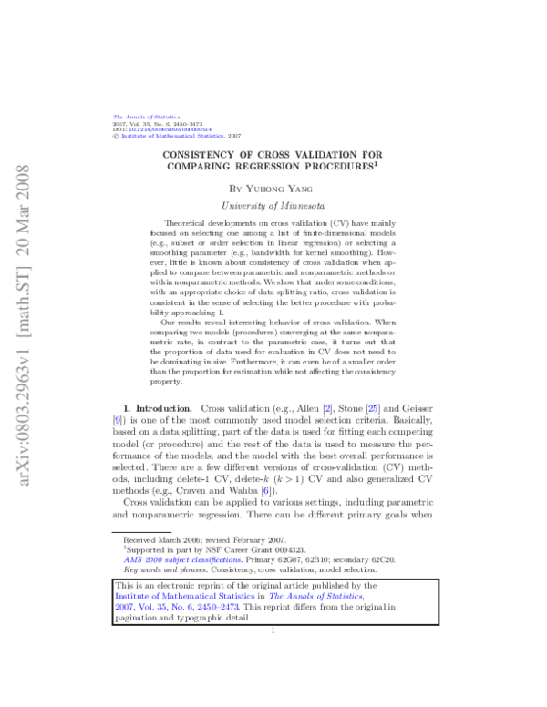 Pdf Consistency Of Cross Validation For Comparing Regression Procedures