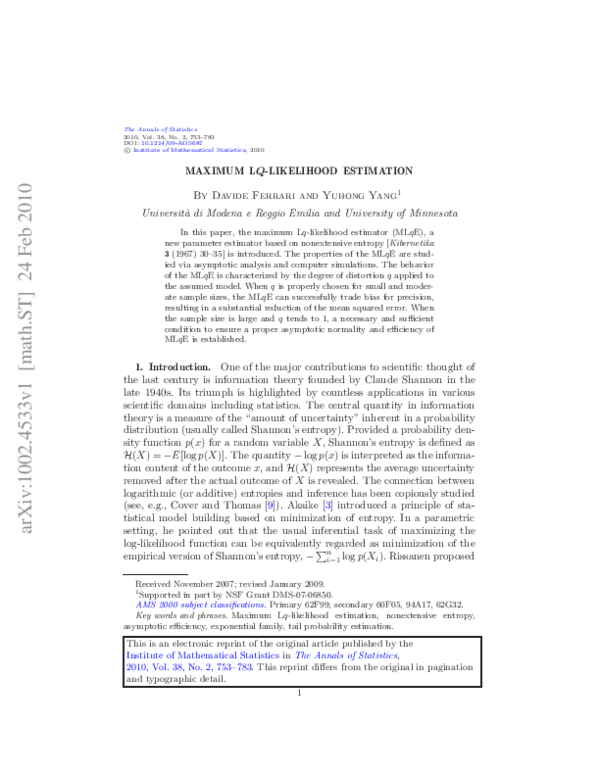 (PDF) Maximum L q -likelihood estimation
