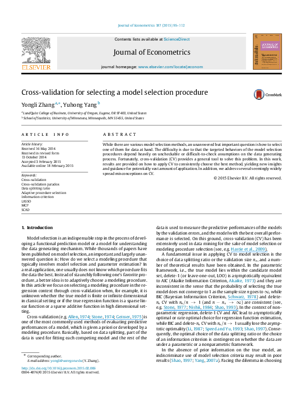 Pdf Cross Validation For Selecting A Model Selection Procedure