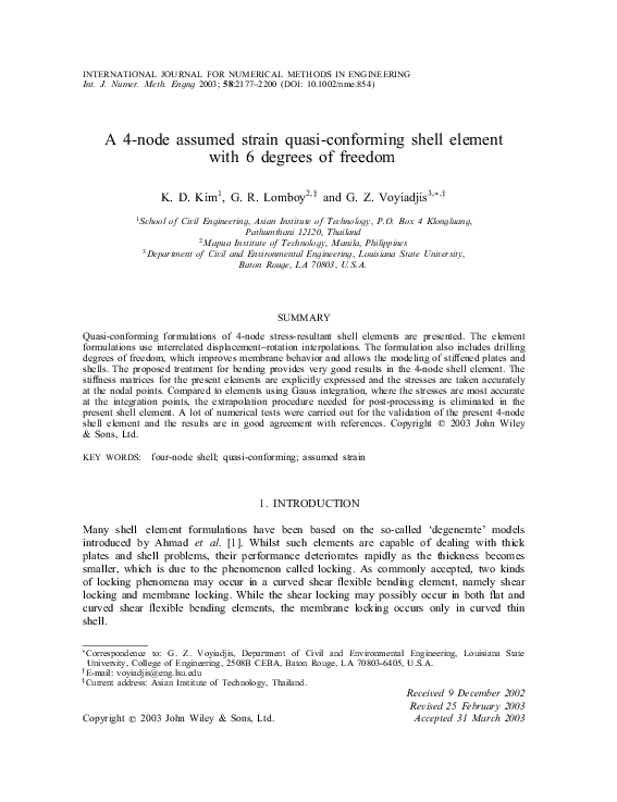 Pdf A 4 Node Assumed Strain Quasi Conforming Shell Element With 6 Degrees Of Freedom