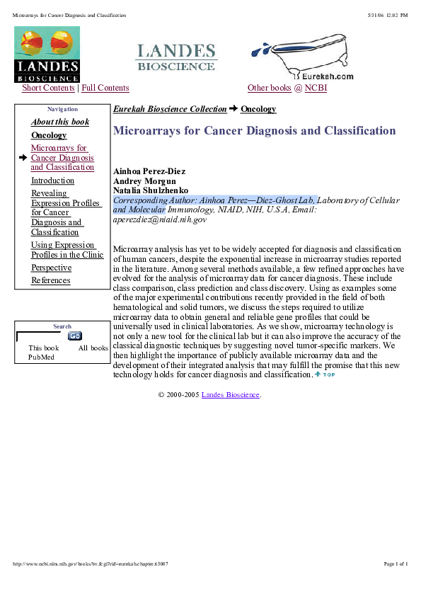 (PDF) Microarrays for Cancer Diagnosis and Classification