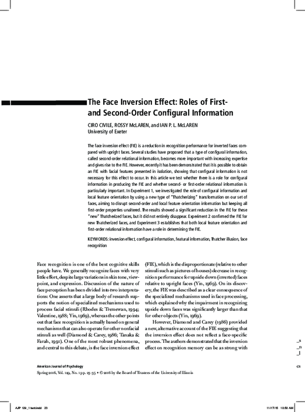 (PDF) The Face Inversion Effect: Roles of First-and Second-Order Configural Information
