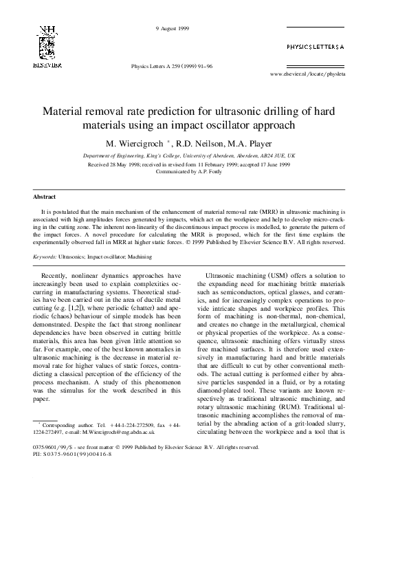 (PDF) Material removal rate prediction for ultrasonic drilling of hard materials using an impact ...