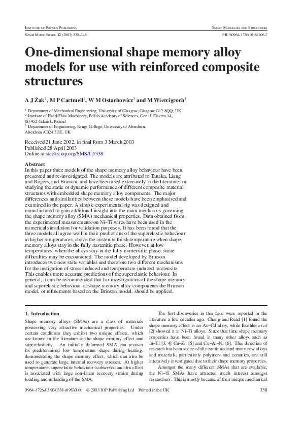 (PDF) One-dimensional shape memory alloy models for use with reinforced composite structures