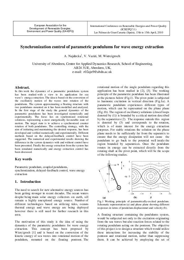 (PDF) Synchronization control of parametric pendulums for wave energy extraction