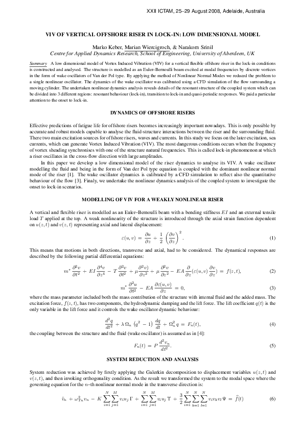 (PDF) VIV OF VERTICAL OFFSHORE RISER IN LOCK-IN: LOW DIMENSIONAL MODEL