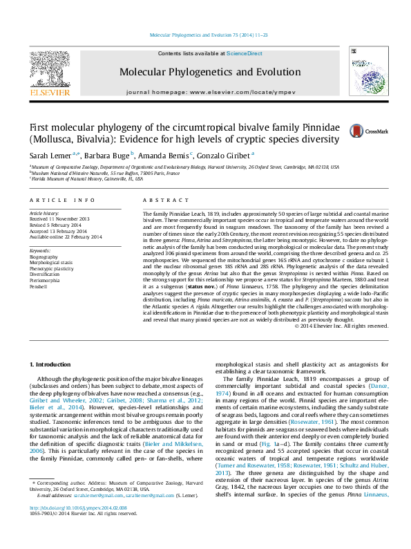 (PDF) First molecular phylogeny of the circumtropical bivalve family ...