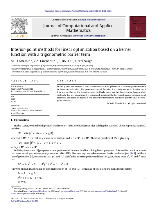 (PDF) Interior-point methods for linear optimization based on a kernel function with a ...