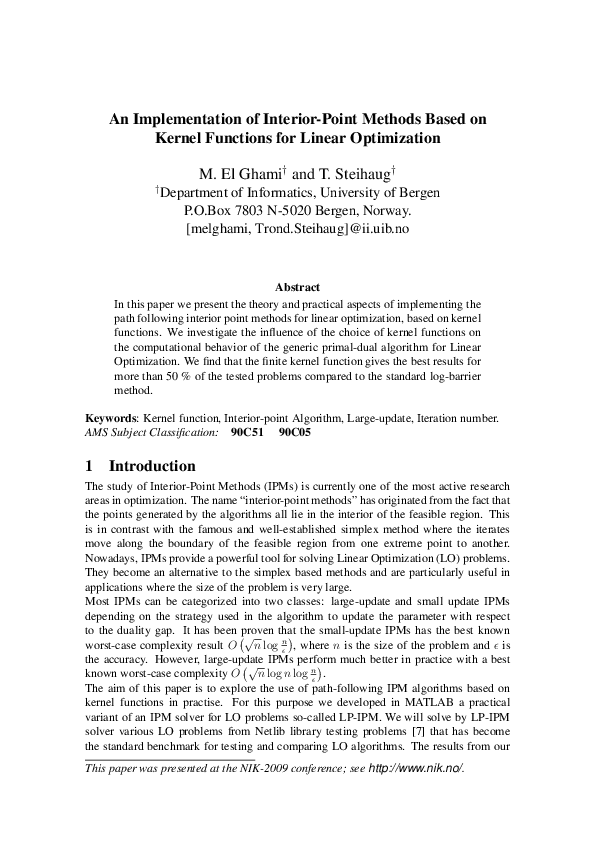 (PDF) An Implementation of Interior-Point Methods Based on Kernel Functions for Linear Optimization