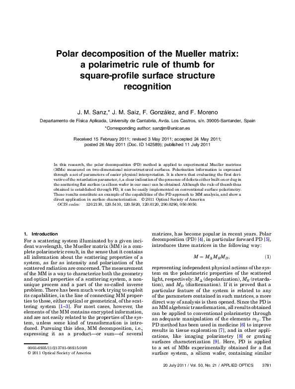 (PDF) Polar decomposition of the Mueller matrix: a polarimetric rule of ...