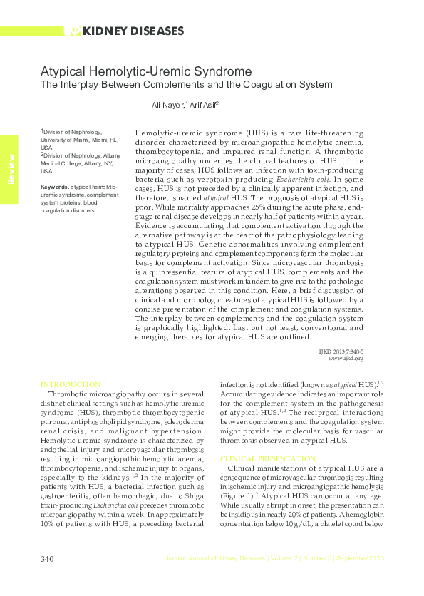 (PDF) Atypical hemolytic-uremic syndrome: the interplay between complements and the coagulation ...
