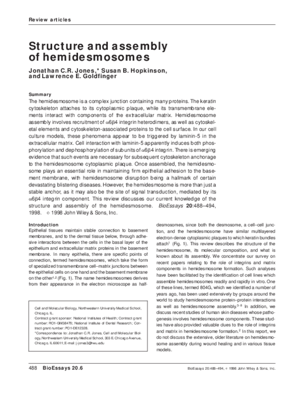 (PDF) Structure and assembly of hemidesmosomes
