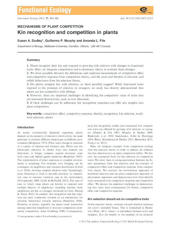 (PDF) Kin recognition and competition in plants