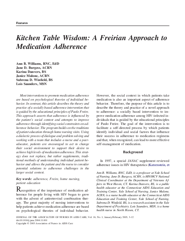 (PDF) Kitchen table wisdom: A Freirian approach to medication adherence
