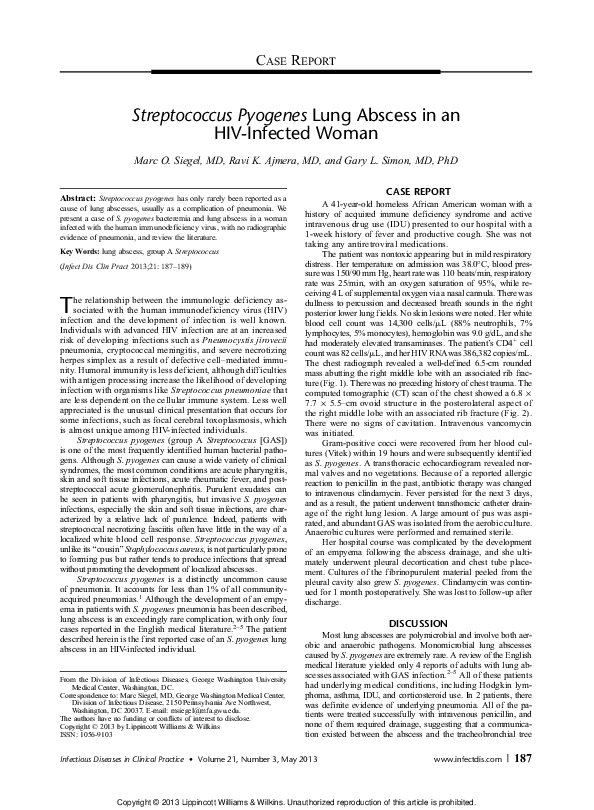 (PDF) Streptococcus Pyogenes Lung Abscess in an HIV-Infected Woman