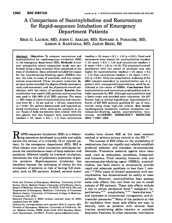 Pdf A Comparison Of Succinylcholine And Rocuronium For Rapid Sequence