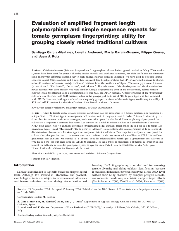 Pdf Evaluation Of Amplified Fragment Length Polymorphism And Simple Sequence Repeats For