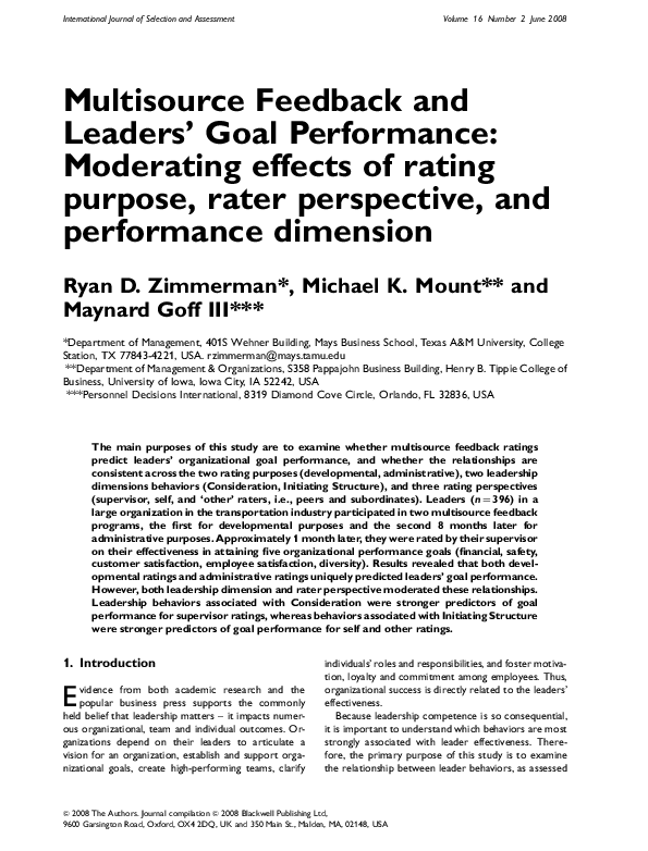 (PDF) Multisource Feedback and Leaders' Goal Performance: Moderating ...