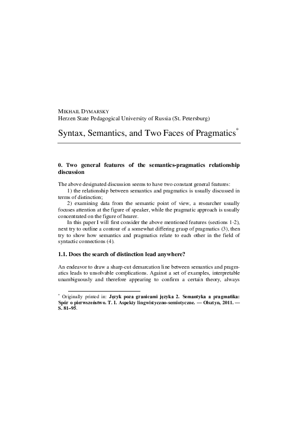 (PDF) Syntax, Semantics, and Two Faces of Pragmatics