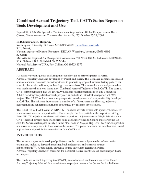 (PDF) Combined Aerosol Trajectory Tool, CATT: Status Report on Tools Development and Use