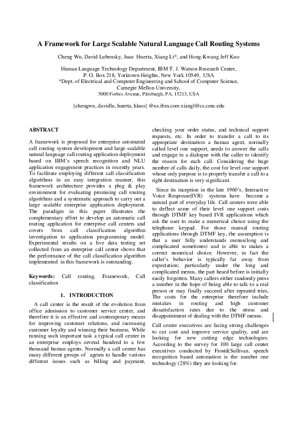 (PDF) A framework for large scalable natural language call routing systems