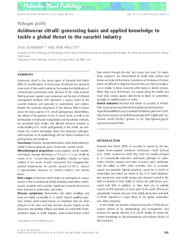 Pdf Acidovorax Citrulli Generating Basic And Applied Knowledge To