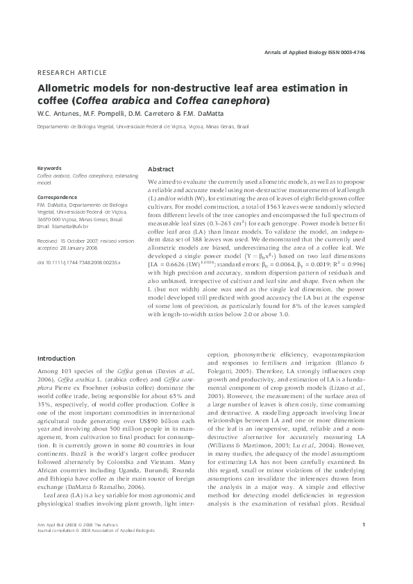 (PDF) Allometric models for non-destructive leaf area estimation in coffee ( Coffea arabica and ...